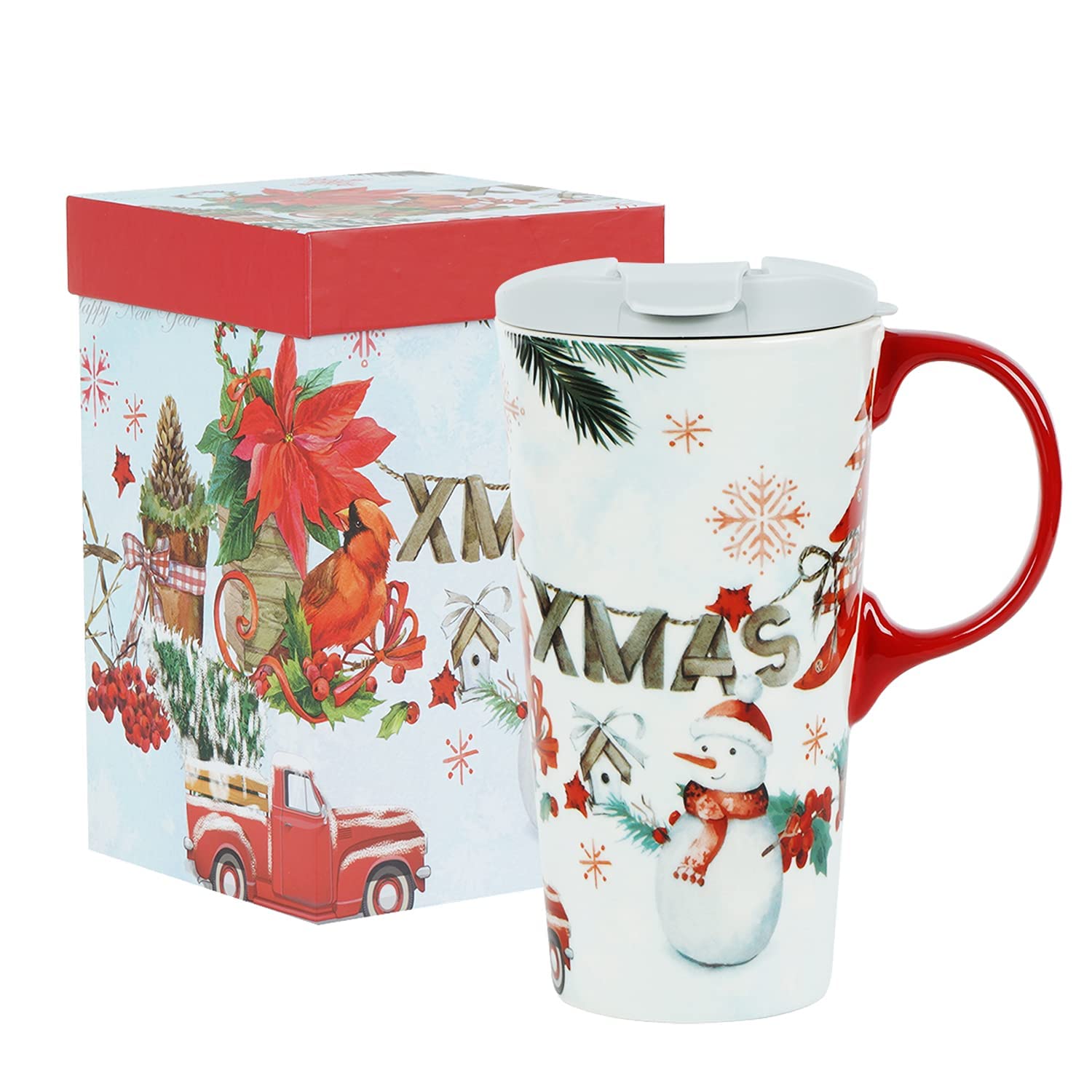 Coffee Ceramic Mug Xmas Mug Porcelain Latte Tea Cup With Lid in Box 17oz.,Christmas Truck Mug