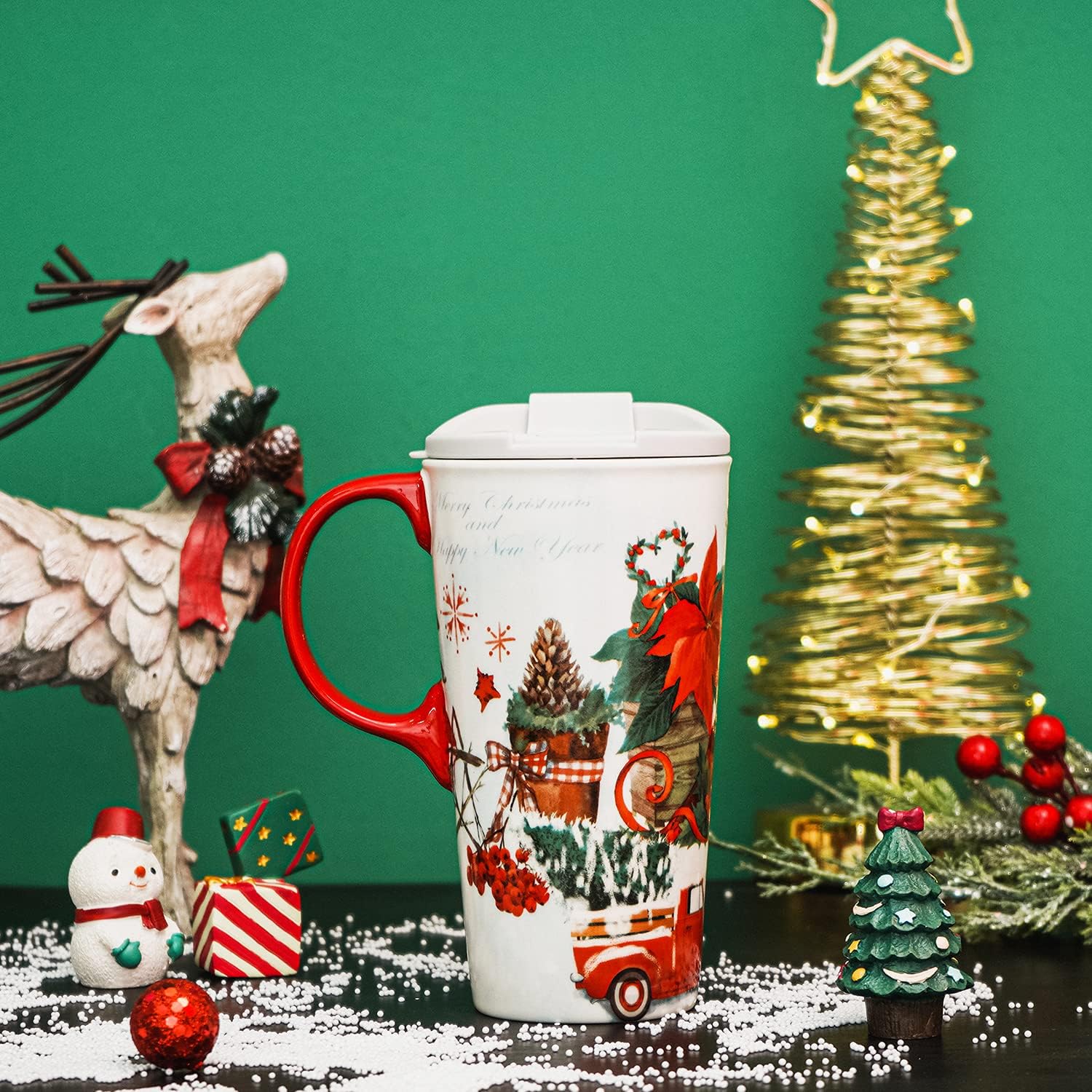 Coffee Ceramic Mug Xmas Mug Porcelain Latte Tea Cup With Lid in Box 17oz.,Christmas Truck Mug