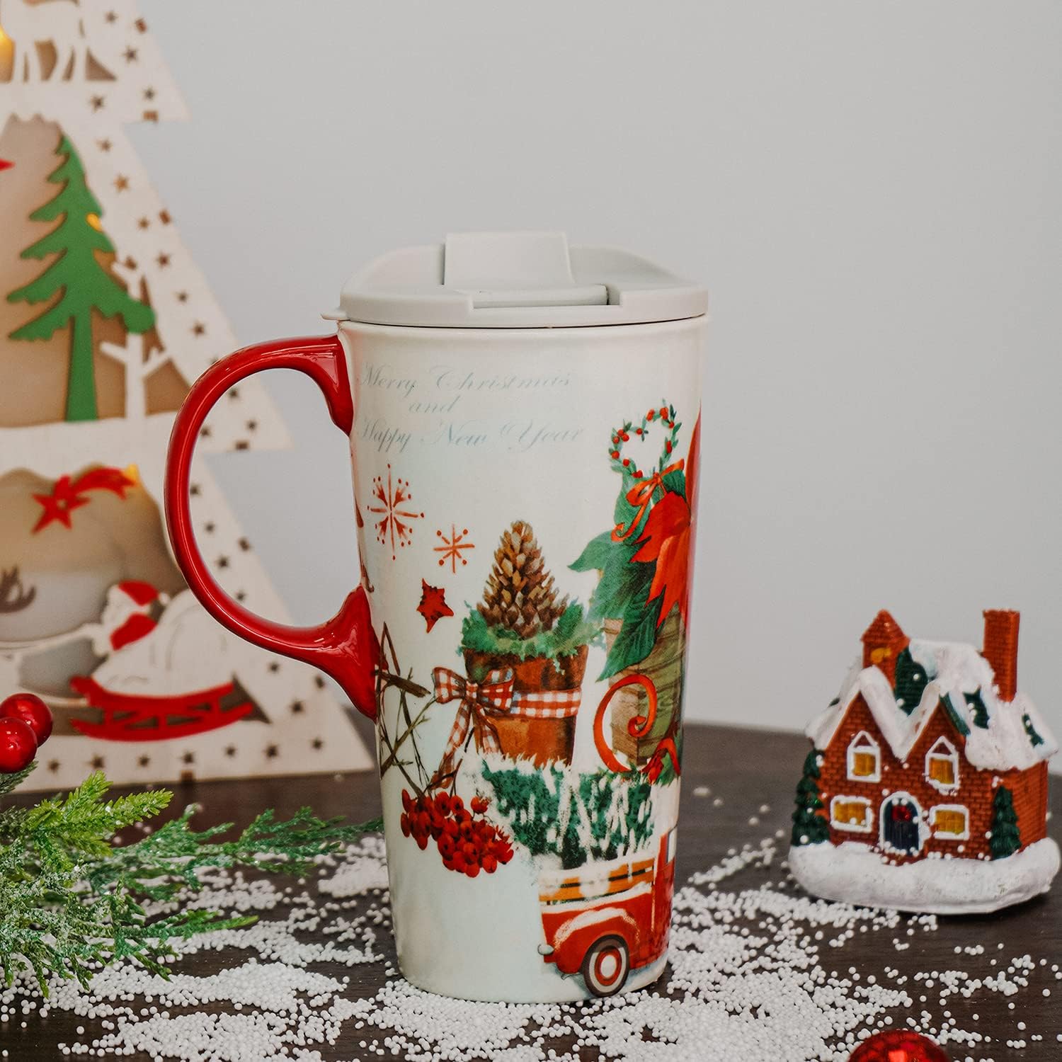 Coffee Ceramic Mug Xmas Mug Porcelain Latte Tea Cup With Lid in Box 17oz.,Christmas Truck Mug