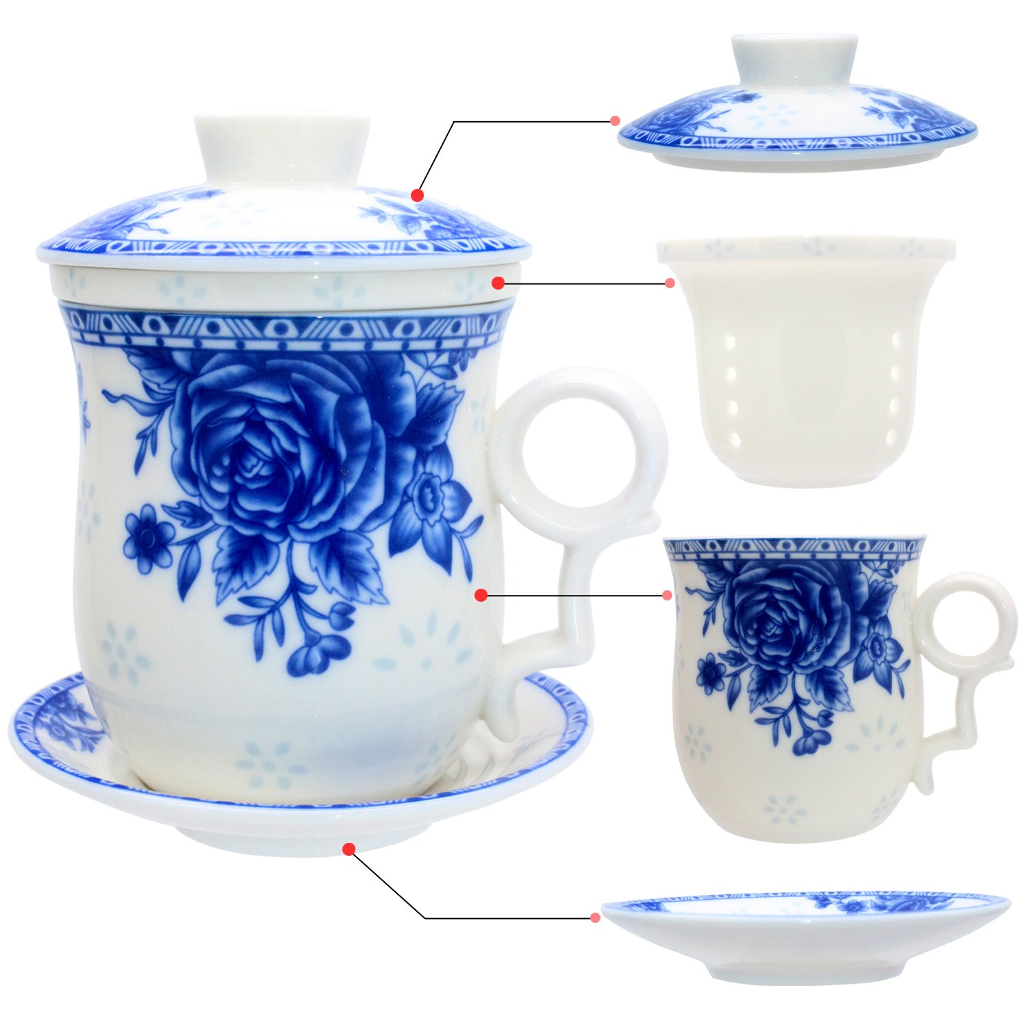 Ameolela Porcelain Tea Cup with Infuser Lid and Saucer Sets - Chinese Jingdezhen Ceramics Coffee Mug Teacup Loose Leaf Tea Brewing System for Home Office