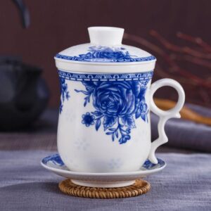 Ameolela Porcelain Tea Cup with Infuser Lid and Saucer Sets - Chinese Jingdezhen Ceramics Coffee Mug Teacup Loose Leaf Tea Brewing System for Home Office