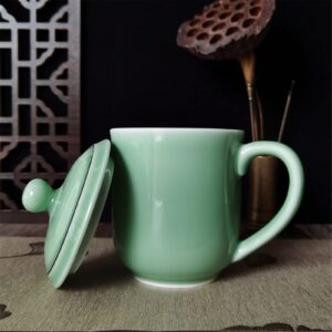 Handmade Celadon Coffee Mug Teacup with Lid 13oz Porcelain Milk Cup Smooth Glazed Ceramic Microwave and Dishwasher Safe (Green)