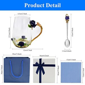 ZTBBW Tea Cup, Glass Coffee Mug with Spoon, Handicraft Crystal Glass 3D Flower Tea Cup, Women Ideal Christmas Gift for Birthday, Wedding, Mother's Day (Blue)