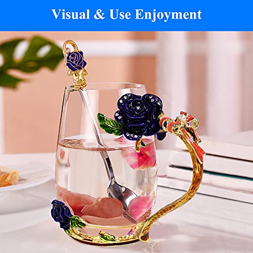 ZTBBW Tea Cup, Glass Coffee Mug with Spoon, Handicraft Crystal Glass 3D Flower Tea Cup, Women Ideal Christmas Gift for Birthday, Wedding, Mother's Day (Blue)