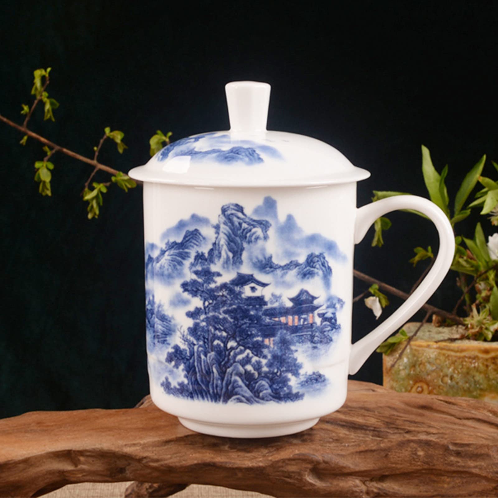 XIYUAN Fine Handmade Ceramics Tea Cup with Lid,(Landscape pattern) Chinese Jingdezhen Blue and White Porcelain Tea Cup Infuser for: Home Party, Office, Reception Room