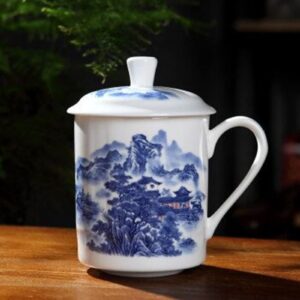 XIYUAN Fine Handmade Ceramics Tea Cup with Lid,(Landscape pattern) Chinese Jingdezhen Blue and White Porcelain Tea Cup Infuser for: Home Party, Office, Reception Room