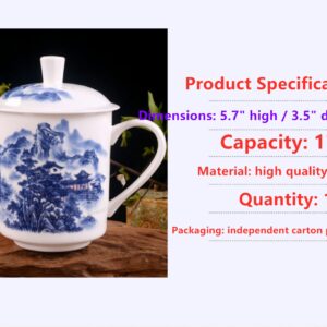 XIYUAN Fine Handmade Ceramics Tea Cup with Lid,(Landscape pattern) Chinese Jingdezhen Blue and White Porcelain Tea Cup Infuser for: Home Party, Office, Reception Room