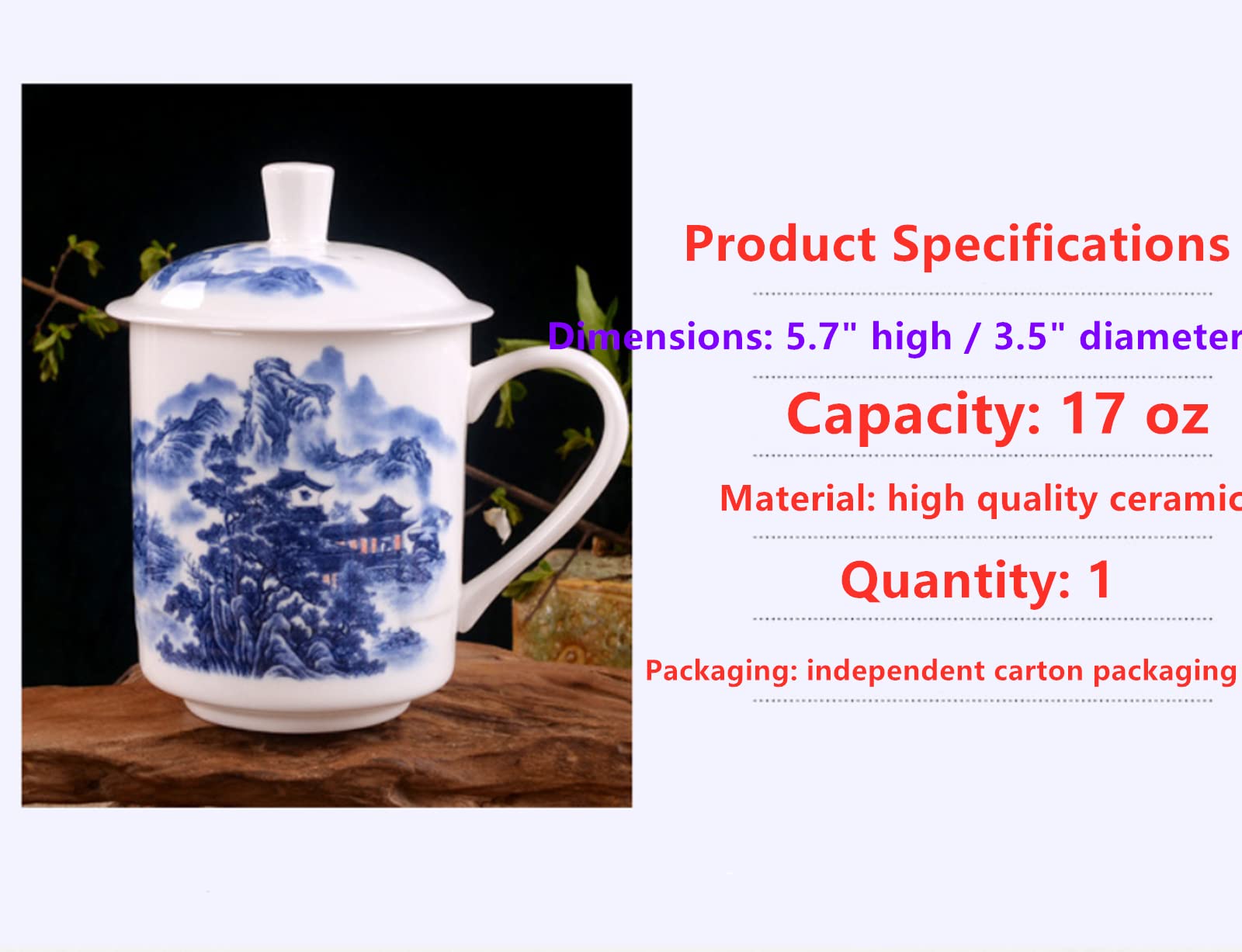 XIYUAN Fine Handmade Ceramics Tea Cup with Lid,(Landscape pattern) Chinese Jingdezhen Blue and White Porcelain Tea Cup Infuser for: Home Party, Office, Reception Room