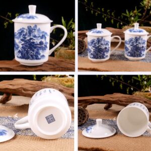 XIYUAN Fine Handmade Ceramics Tea Cup with Lid,(Landscape pattern) Chinese Jingdezhen Blue and White Porcelain Tea Cup Infuser for: Home Party, Office, Reception Room