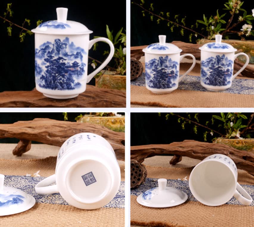 XIYUAN Fine Handmade Ceramics Tea Cup with Lid,(Landscape pattern) Chinese Jingdezhen Blue and White Porcelain Tea Cup Infuser for: Home Party, Office, Reception Room