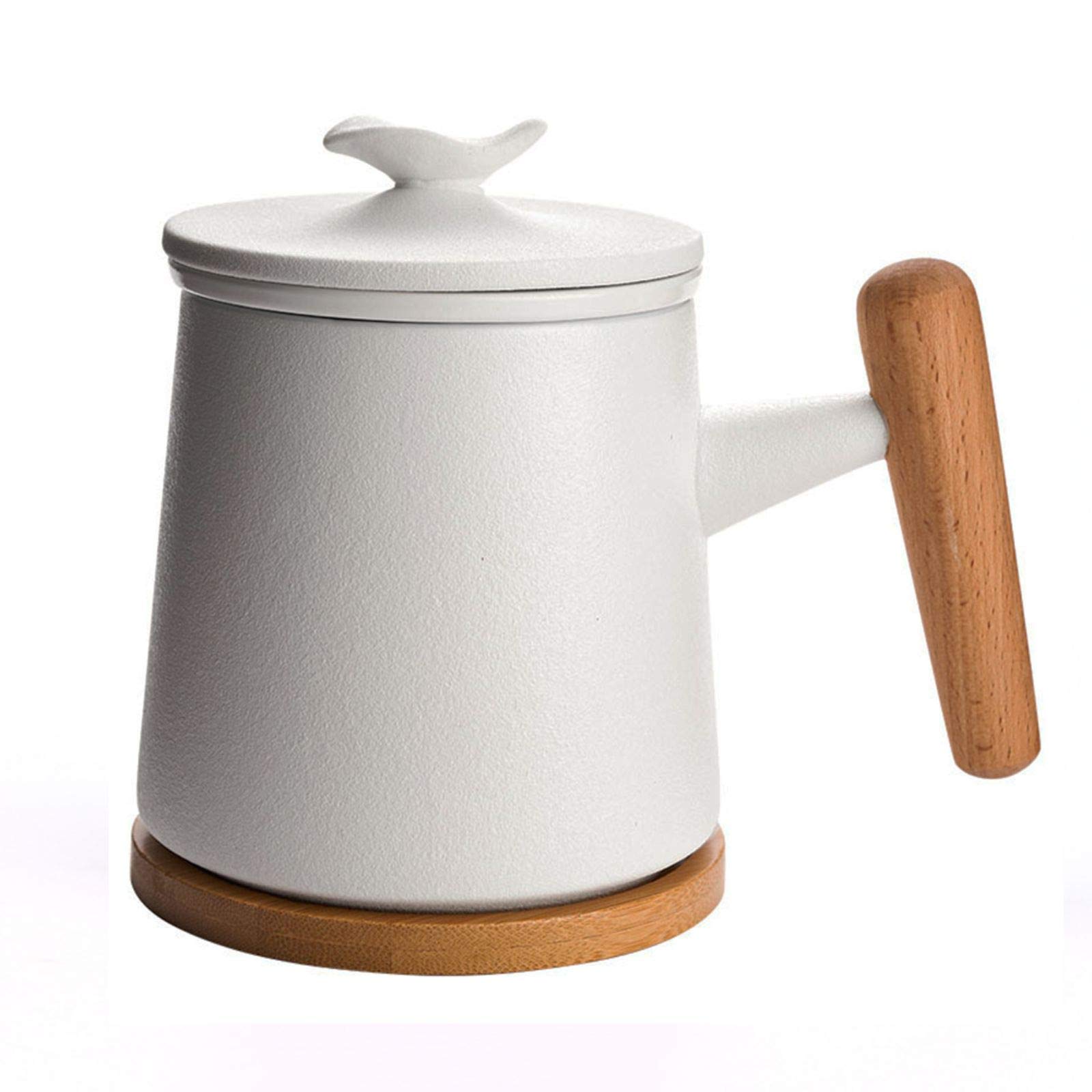 JiaBei Wooden Handle Ceramic Tea Mug with Infuser and Lid,Boxed Set,350ml Tea Cup for Steeping, Tea Lover, Gift, Home, Office (Matte White) 13.5 × 9.5 ×12.5