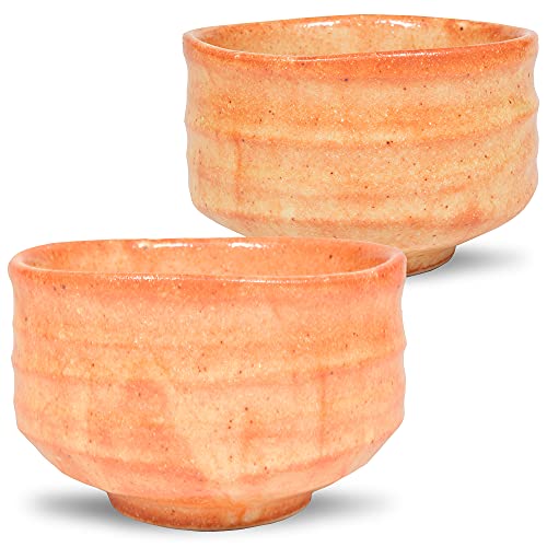 Mino Ware Traditional Japanese Yunomi Tea Cups, Mini Matcha Bowl, Orange AKA SHINO Design for Green Tea, Matcha Tea Set of 2