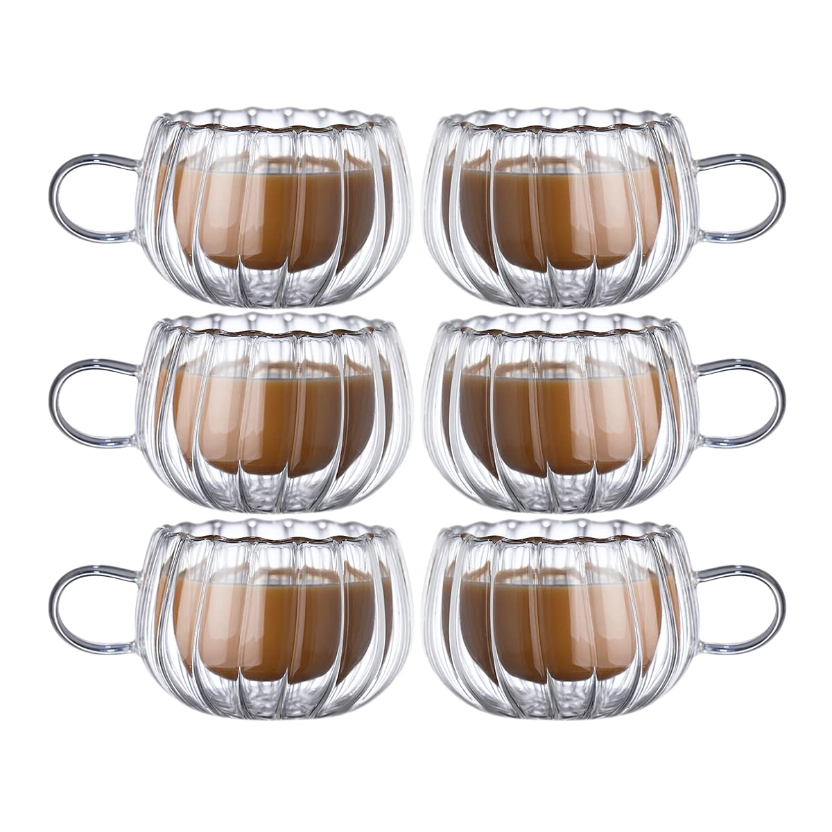 JHNIF 6pcs Clear Glass Tea Cup, 6oz Striped Glass Espresso Cup, Pumpkin Stripe