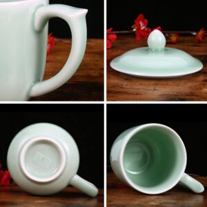 GREEN VALLEY Celadon Teacup, Coffee Mug, Milk Cup, Luxury Ancient Chinese Generals Celadon Cup with Lid, Longquan Celadon, World Intangible Cultural Heritage, 15oz, Plum Green