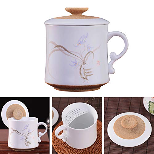 BIFULDYO Tea Cup with Filtering Function, Single Cup Loose Tea Brewing System,Large Capacity 12oz, Chinese Painting Style Pattern,Loose Leaf Iced Blooming or Flowering Tea Filter(Orchid)