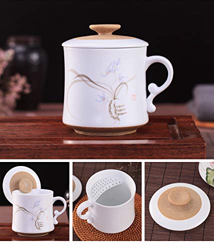 BIFULDYO Tea Cup with Filtering Function, Single Cup Loose Tea Brewing System,Large Capacity 12oz, Chinese Painting Style Pattern,Loose Leaf Iced Blooming or Flowering Tea Filter(Orchid)