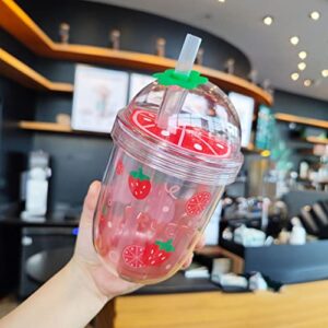 ncduansan kawaii double straw cup plastic thickened juice cup cute girl strawberry watermelon cup(strawberry,400ml)