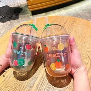 NCDUANSAN Kawaii Double Straw Cup Plastic Thickened Juice Cup Cute Girl Strawberry Watermelon Cup(Strawberry,400ml)