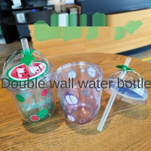 NCDUANSAN Kawaii Double Straw Cup Plastic Thickened Juice Cup Cute Girl Strawberry Watermelon Cup(Strawberry,400ml)