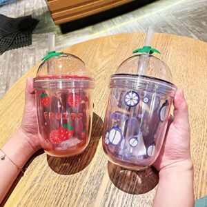 NCDUANSAN Kawaii Double Straw Cup Plastic Thickened Juice Cup Cute Girl Strawberry Watermelon Cup(Strawberry,400ml)