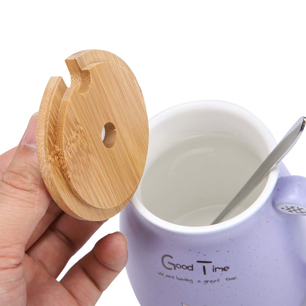 Fdit Lovely Cat Ceramic Cup with Spoon and Lid Coffee Water Milk Mug for Drinkware (Purple)