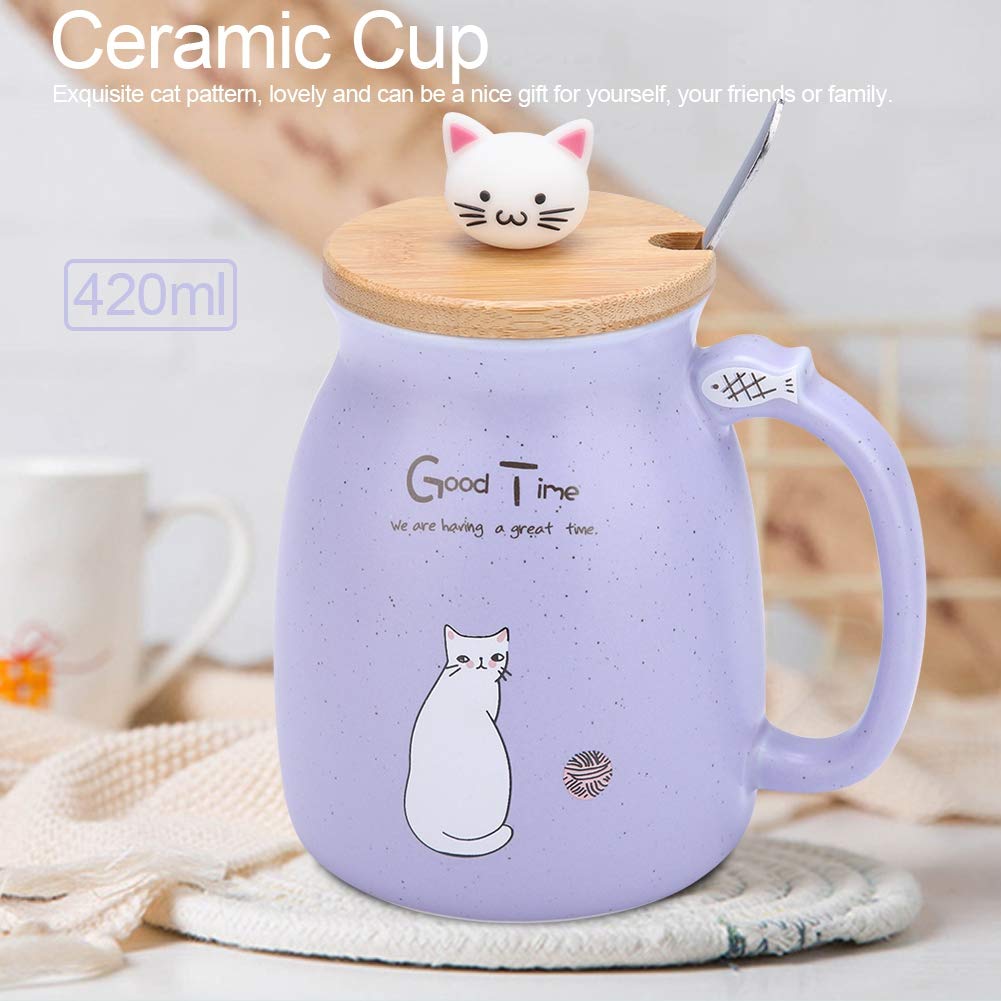 Fdit Lovely Cat Ceramic Cup with Spoon and Lid Coffee Water Milk Mug for Drinkware (Purple)