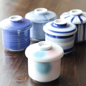 IPPINKA Japanese Porcelain Chawanmushi Cup with Lid, Seto-mono, Made in Japan, 105cc, Blue Tokusa Stripe