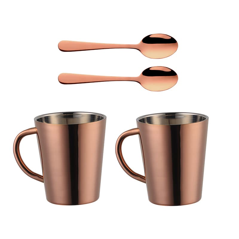 Stainless Steel Cup, Water Cup with Spoon, Double Wall Water Cup, Cup and Spoon Set for Tea and Coffee, 22 oz, Metal Drinking Cup, Spoon for Tea, Ice Cream, Dessert and Coffee(Rose Gold)