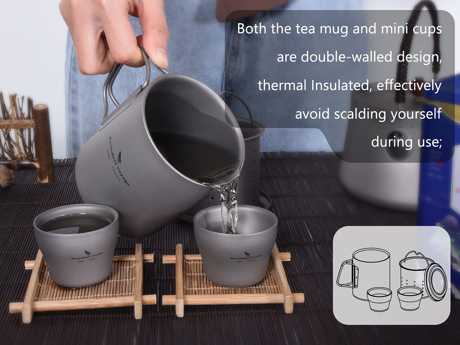 Boundless Voyage Titanium Tea Coffee Mug with Strainer Shot Glass Lightweight Double Layer Teacup for Camping Traveling Office Daily Used Ti3088D