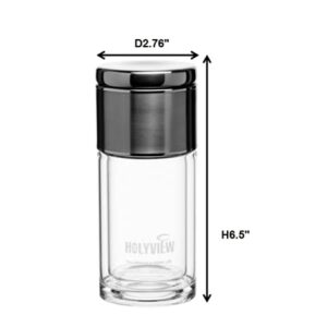 HOLYVIEW 220ml/7.4oz Double Wall Water Bottle with Tea Filter, Glass Tea Mug with Removable tea infuser