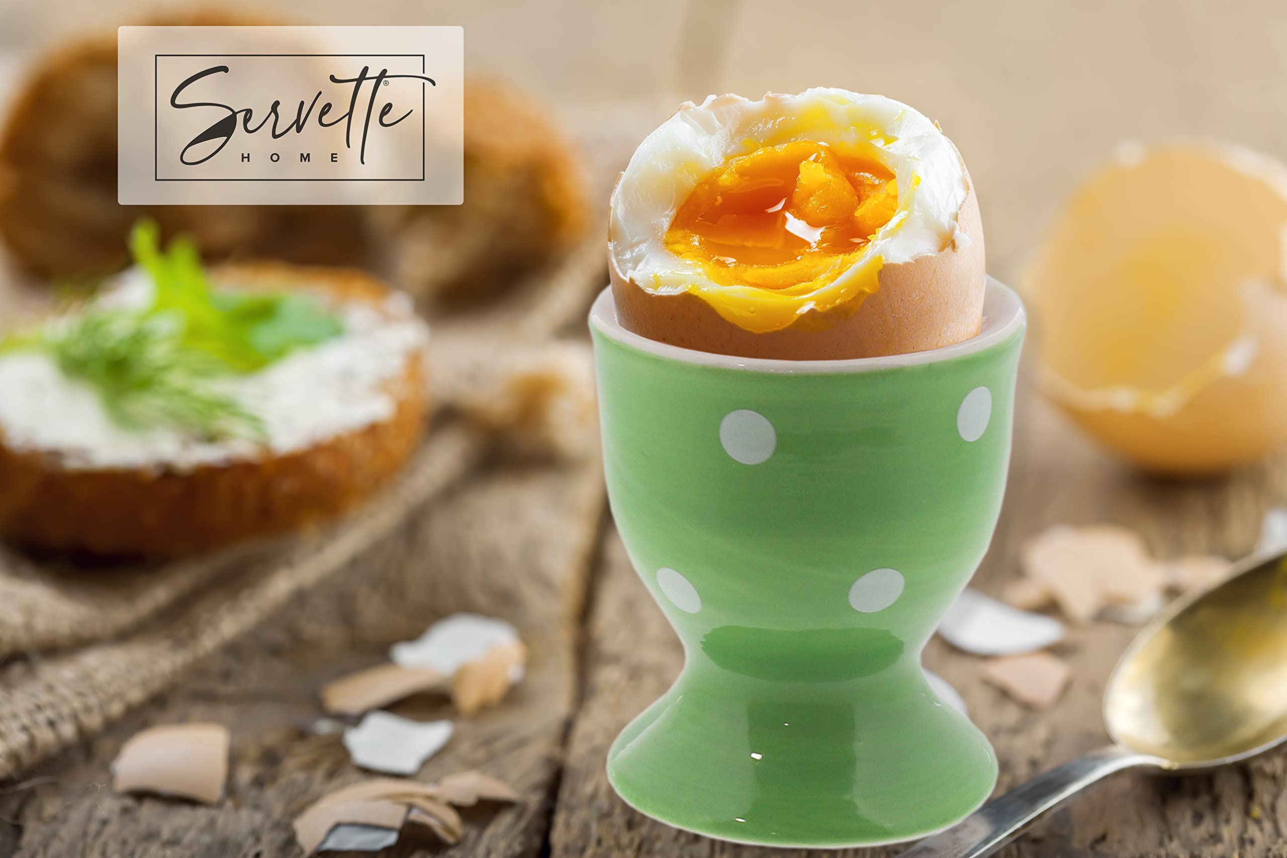 Servette Home Ceramic Egg Cup Polka Dot Soft Boiled Egg Holder - Set of 2 (Green)