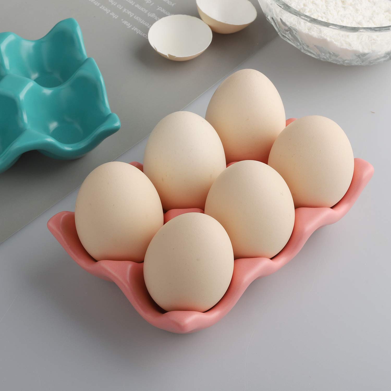 Ceramic Egg Holder 6 Cups Porcelain Egg Tray Set Kitchen Restaurant Fridge Storage Decorative Accessory (pink)