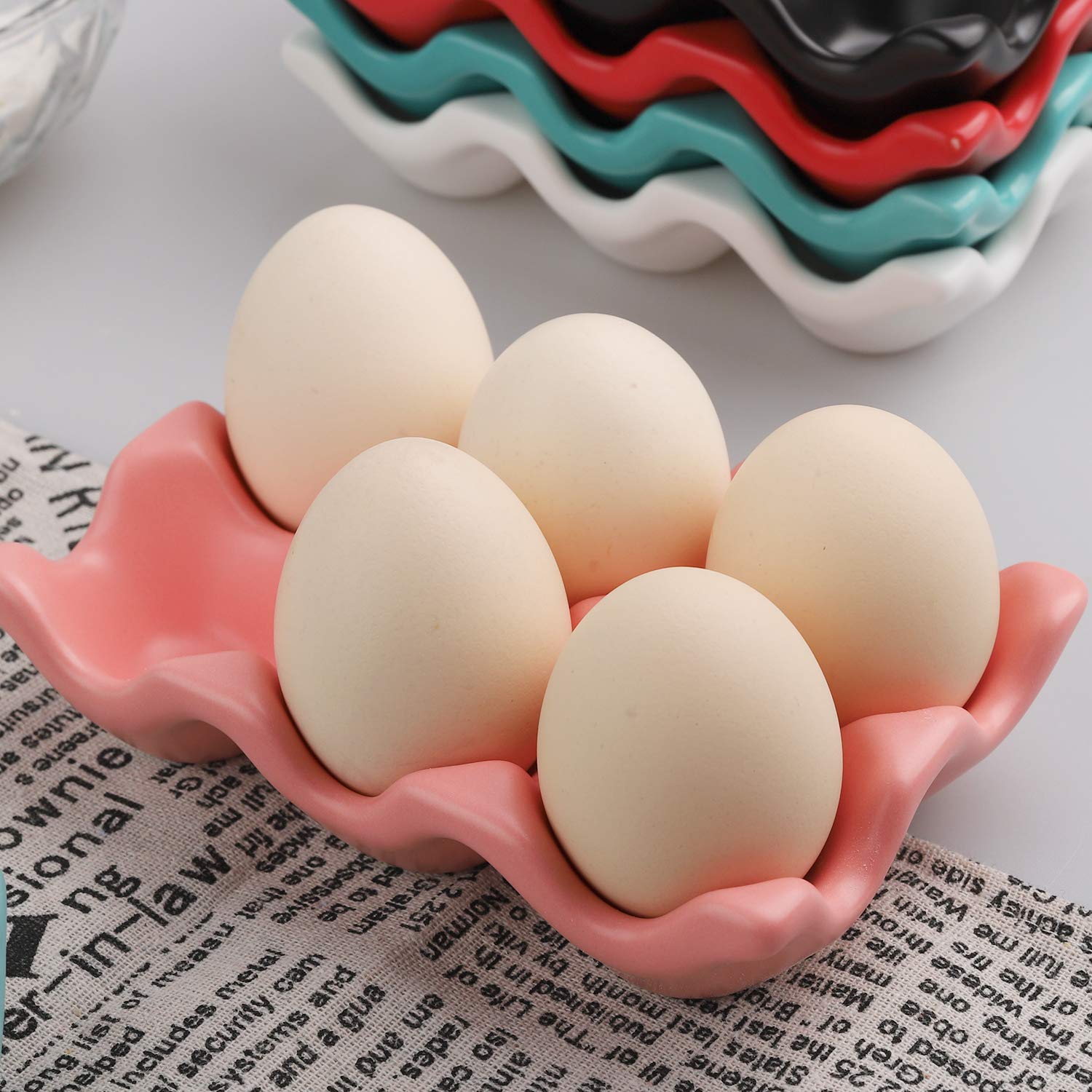 Ceramic Egg Holder 6 Cups Porcelain Egg Tray Set Kitchen Restaurant Fridge Storage Decorative Accessory (pink)