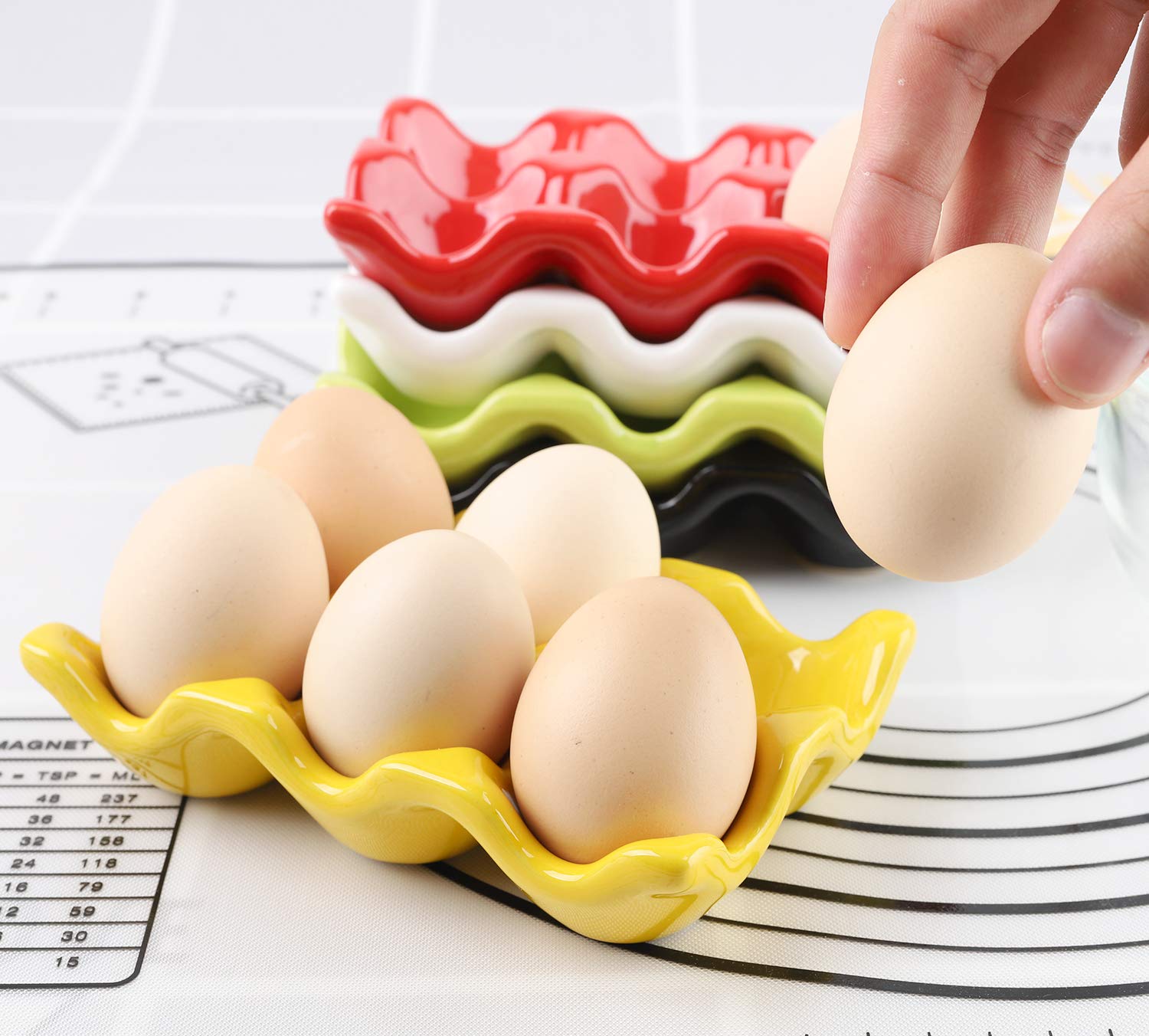 Ceramic Egg Holder 6 Cups Egg Tray Porcelain Fresh Egg Holder for Fridge Countertop Kitchen Storage (Green)