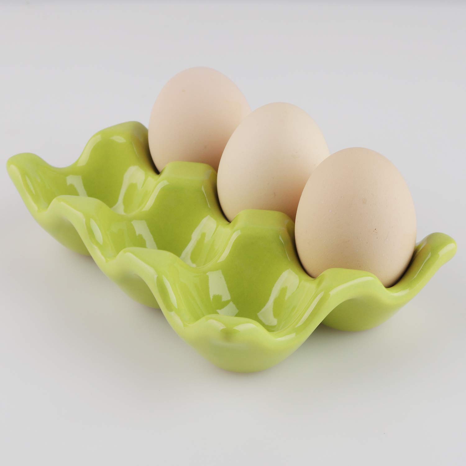 Ceramic Egg Holder 6 Cups Egg Tray Porcelain Fresh Egg Holder for Fridge Countertop Kitchen Storage (Green)