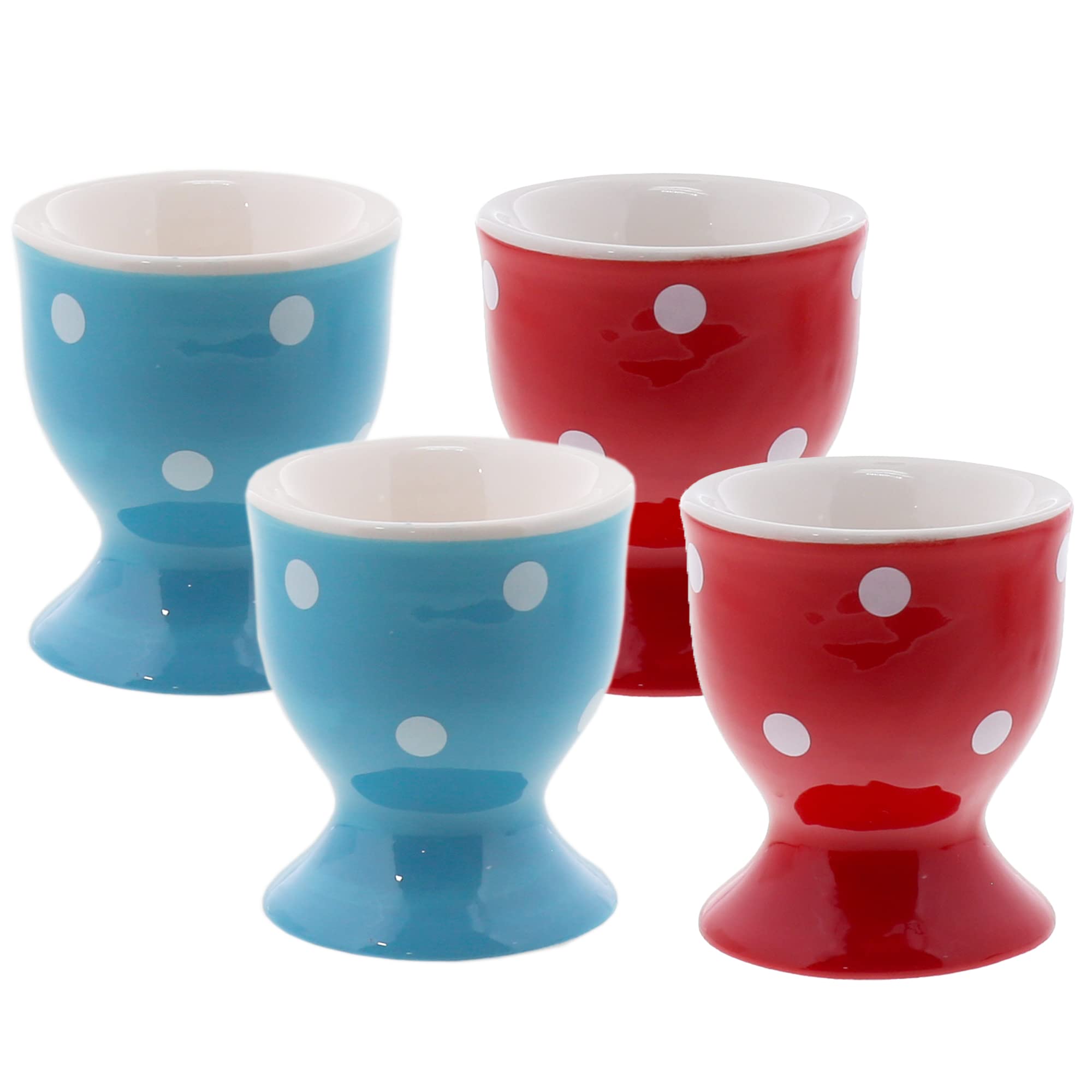 Servette Home Egg Cup Cute Ceramic Soft-Boiled Egg Holder Polka Dot - Set of 4 (Blue Red)