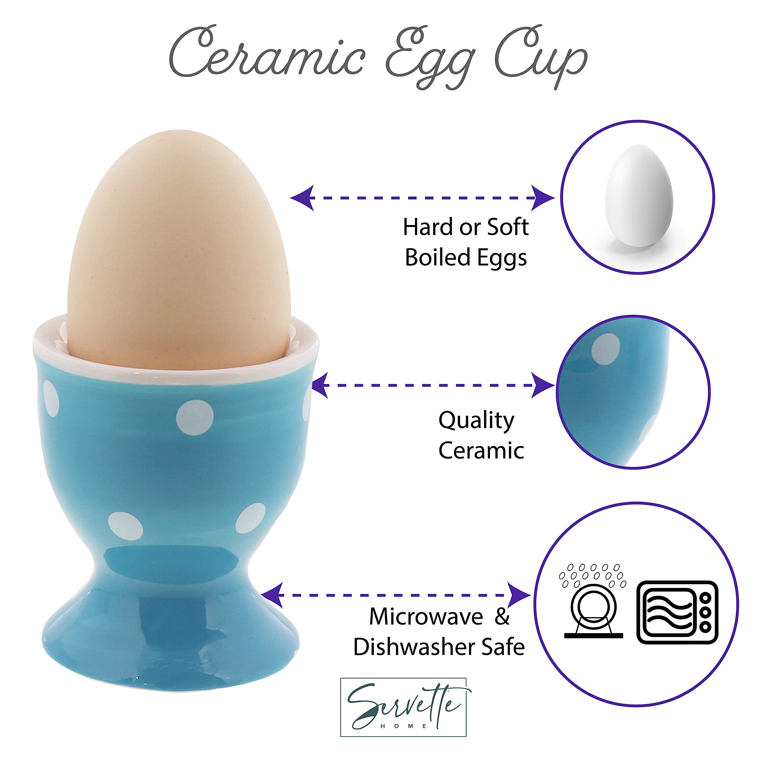 Servette Home Egg Cup Cute Ceramic Soft-Boiled Egg Holder Polka Dot - Set of 4 (Blue Red)