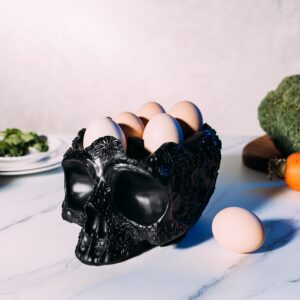 gute skull egg holder container bowl 6" h half dozen decorative halloween egg keeper storage display organizer serveware breakfast serving for countertop, kitchen, decor skeleton trick or treat