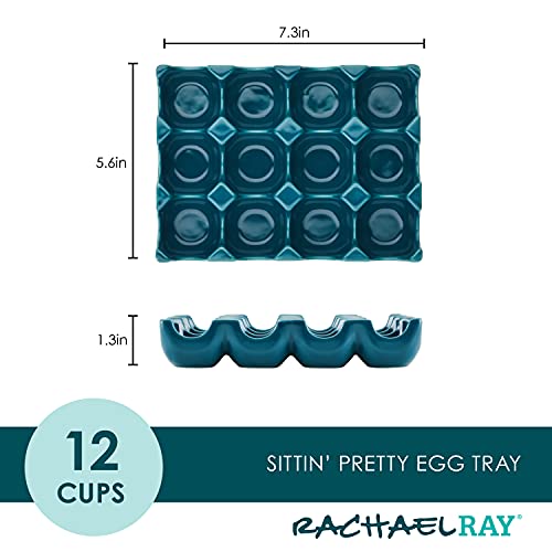 Rachael Ray Solid Glaze Ceramics Egg Tray/Holder, 12 Cup, Teal