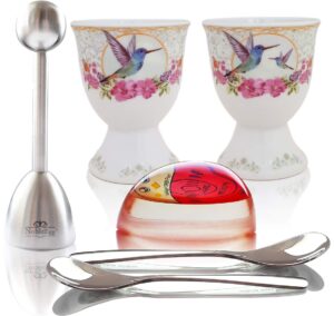 nobleegg complete egg cracker topper set | unique egg cups for soft boiled eggs, egg timer pro, true 18/10 egg spoons, egg topper, stylish gift/storage box