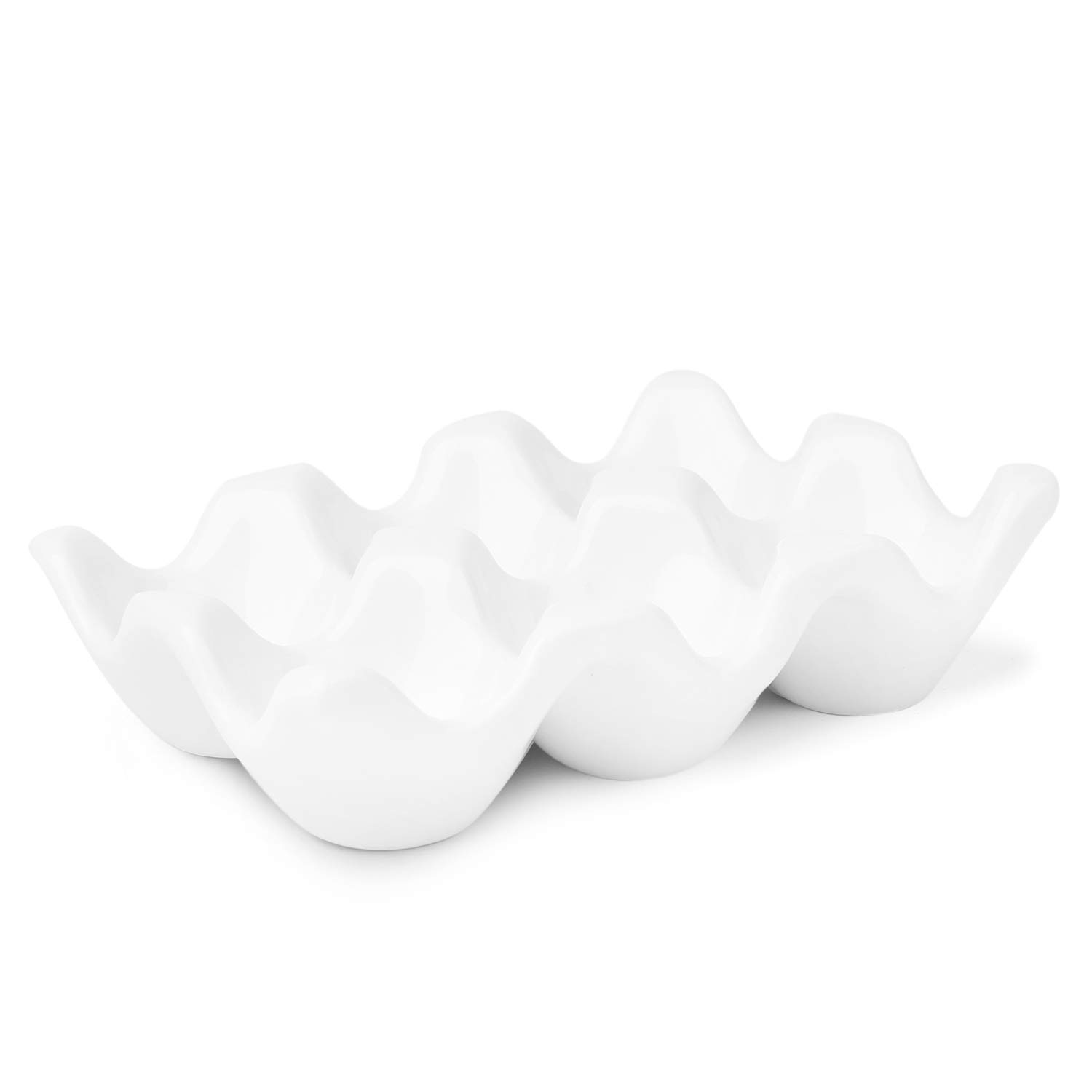 Flexzion Ceramic 6 Cups Egg Tray - Half Dozen Porcelain Egg Holder Container Keeper Storage Organizer Decorative Serving Dish Serveware for Refrigerator Fridge Countertop Display Kitchen (White)