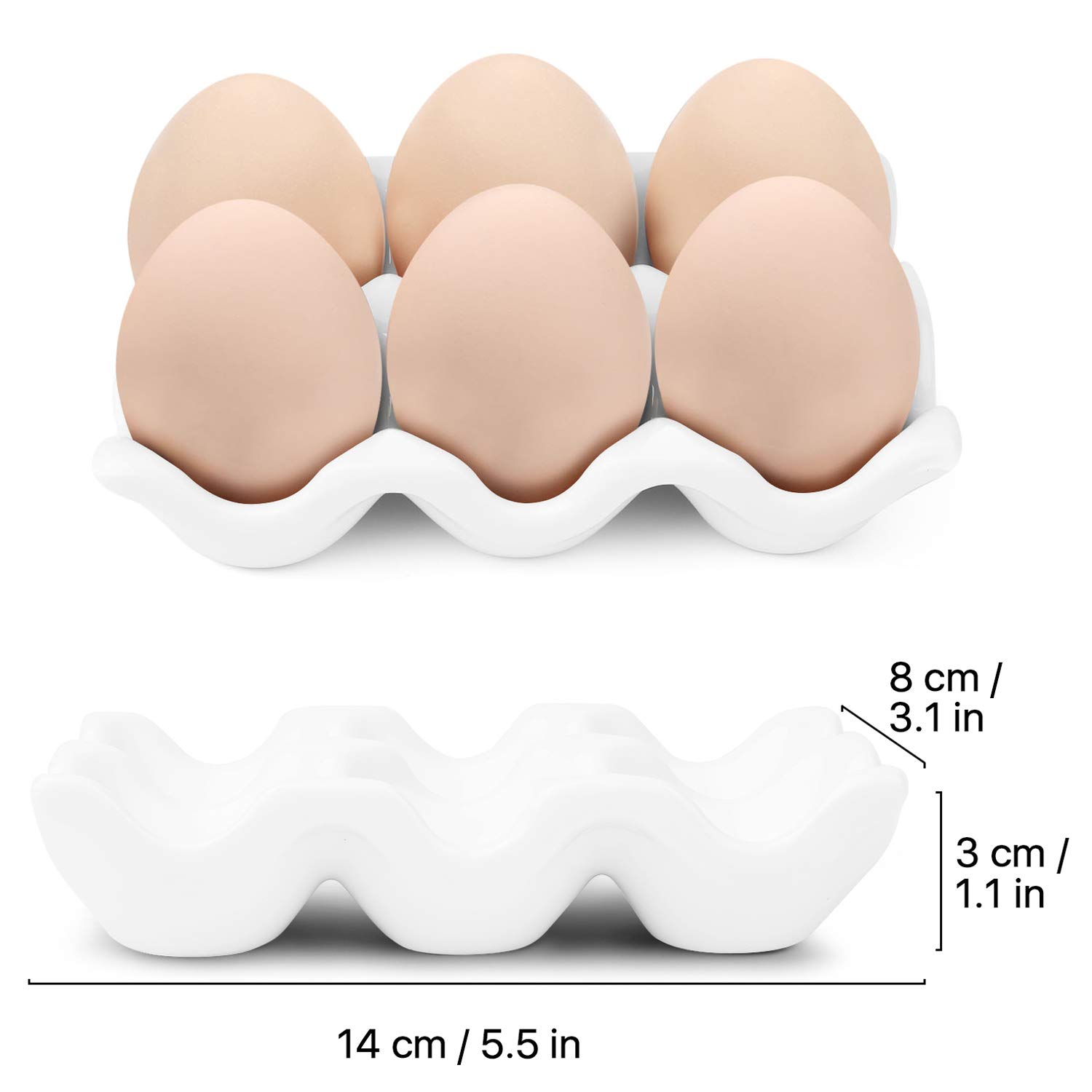 Flexzion Ceramic 6 Cups Egg Tray - Half Dozen Porcelain Egg Holder Container Keeper Storage Organizer Decorative Serving Dish Serveware for Refrigerator Fridge Countertop Display Kitchen (White)