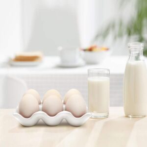 Flexzion Ceramic 6 Cups Egg Tray - Half Dozen Porcelain Egg Holder Container Keeper Storage Organizer Decorative Serving Dish Serveware for Refrigerator Fridge Countertop Display Kitchen (White)