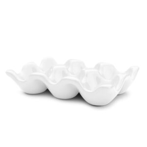 Flexzion Ceramic 6 Cups Egg Tray - Half Dozen Porcelain Egg Holder Container Keeper Storage Organizer Decorative Serving Dish Serveware for Refrigerator Fridge Countertop Display Kitchen (White)