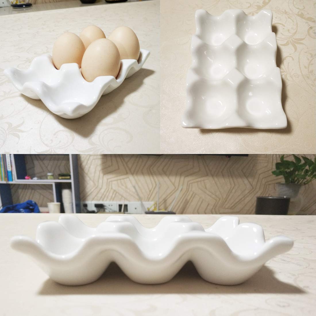 Bealuffe Ceramic Egg Holder Egg Tray Porcelain Fresh Egg Holder for Fridge Countertop Kitchen Storage Half Dozen 6 Cups (White)