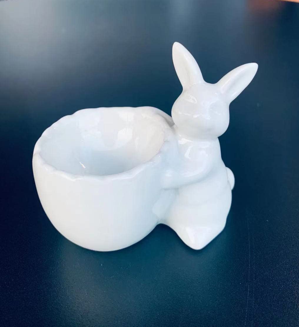 Easter Bunny Porcelain Egg Cup for Soft Hard Boiled Egg, Easter Bunny Rabbit Tealight Candle Holder for Easter Spring Decoration Dinner Dinning Room Table Centerpiece Décor