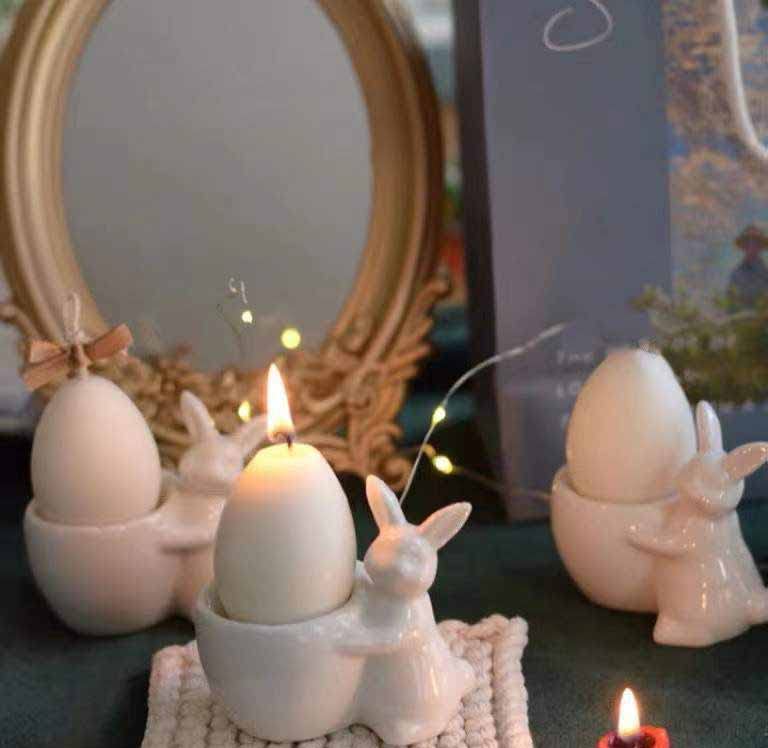 Easter Bunny Porcelain Egg Cup for Soft Hard Boiled Egg, Easter Bunny Rabbit Tealight Candle Holder for Easter Spring Decoration Dinner Dinning Room Table Centerpiece Décor