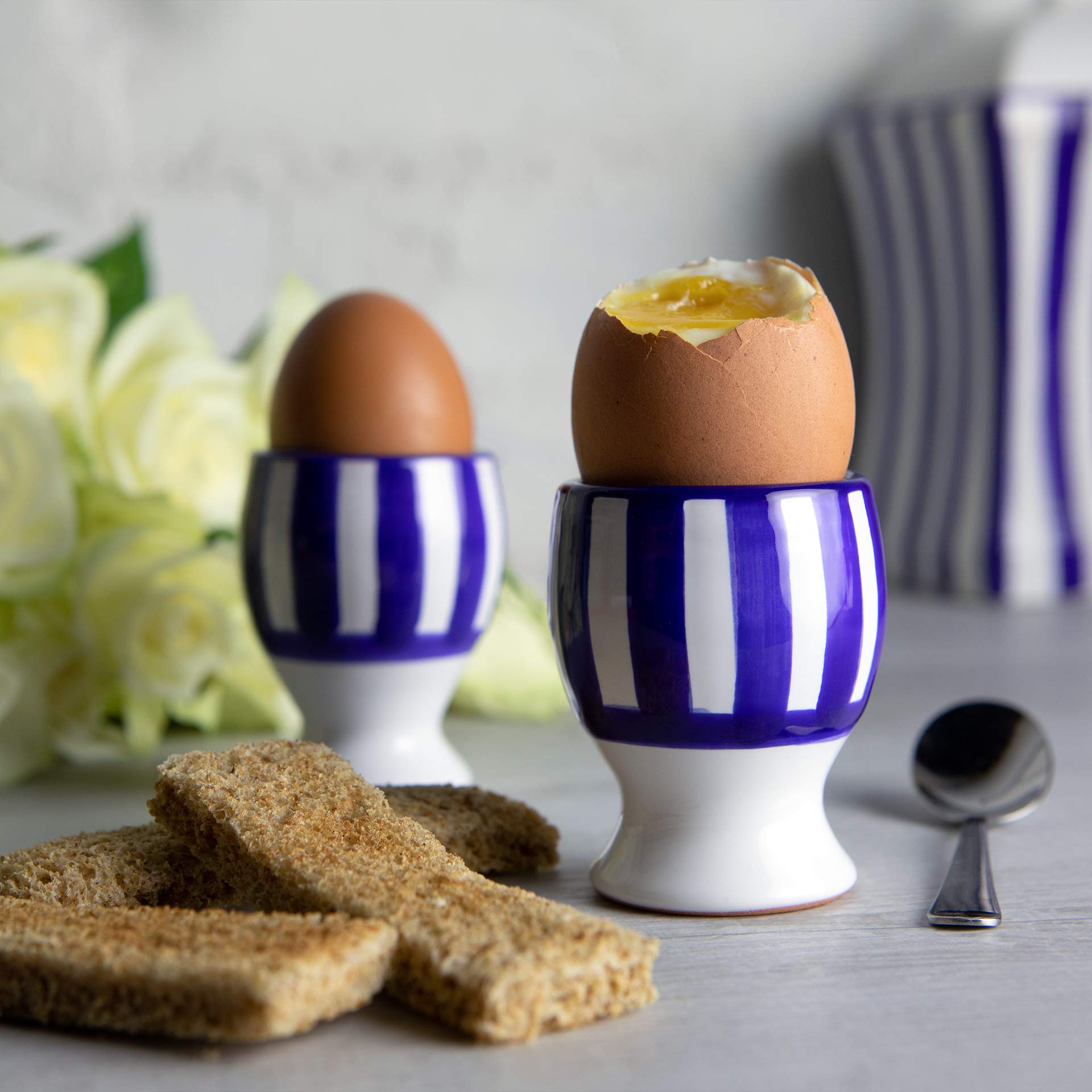 Handmade Set of 2 Dark Navy Blue Stripe Ceramic Hard, Soft Boiled Egg Cup Set, Pottery Egg Holders, Housewarming Gift by City to Cottage®