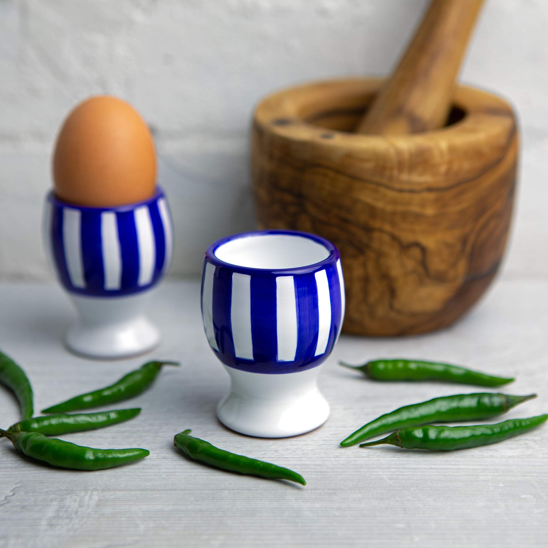 Handmade Set of 2 Dark Navy Blue Stripe Ceramic Hard, Soft Boiled Egg Cup Set, Pottery Egg Holders, Housewarming Gift by City to Cottage®