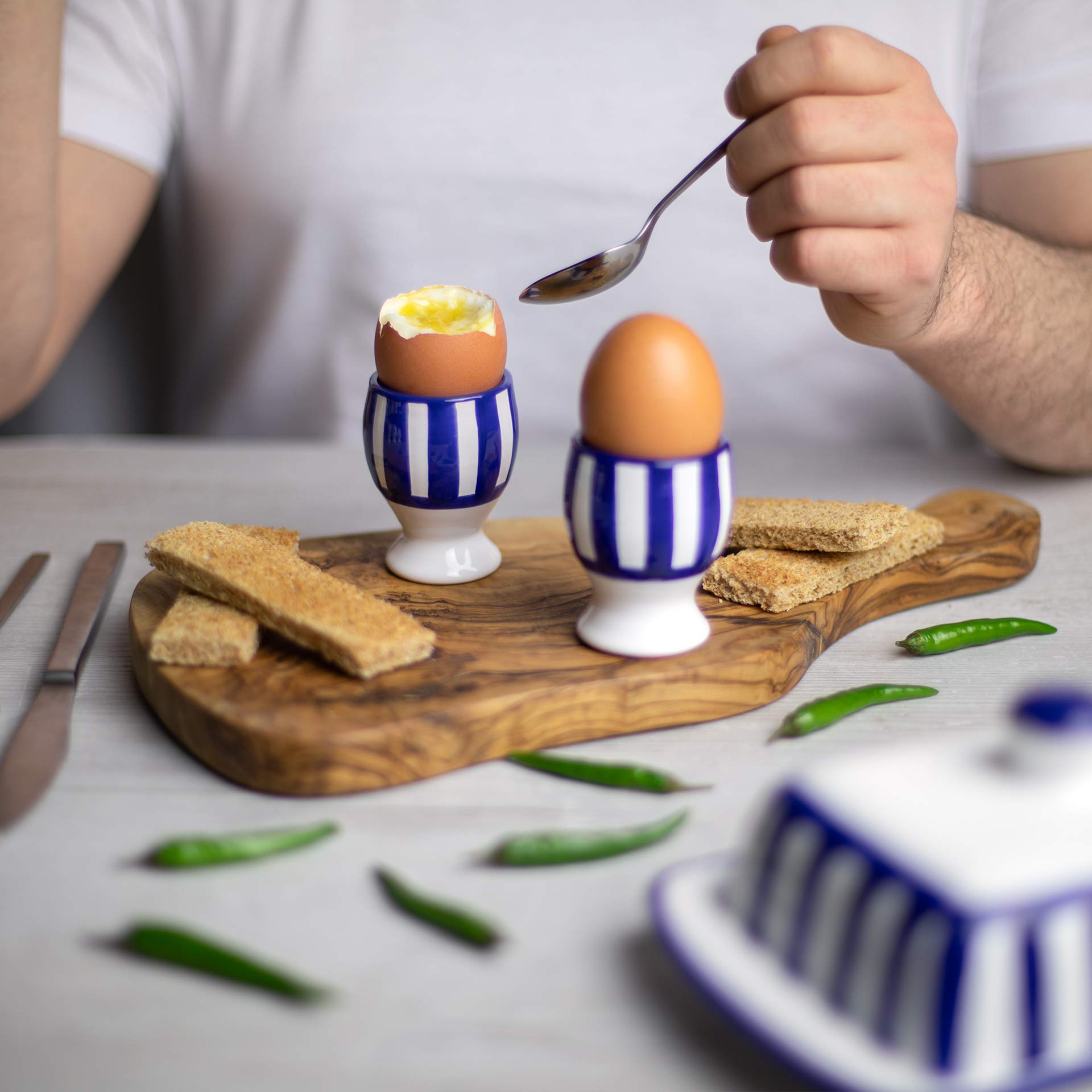 Handmade Set of 2 Dark Navy Blue Stripe Ceramic Hard, Soft Boiled Egg Cup Set, Pottery Egg Holders, Housewarming Gift by City to Cottage®